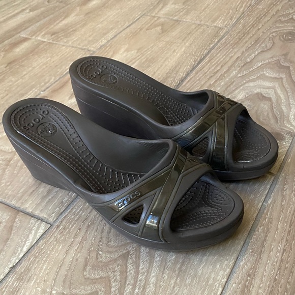 CROCS | Shoes | Crocs Brown Slip On Wedge Sandals | Poshmark